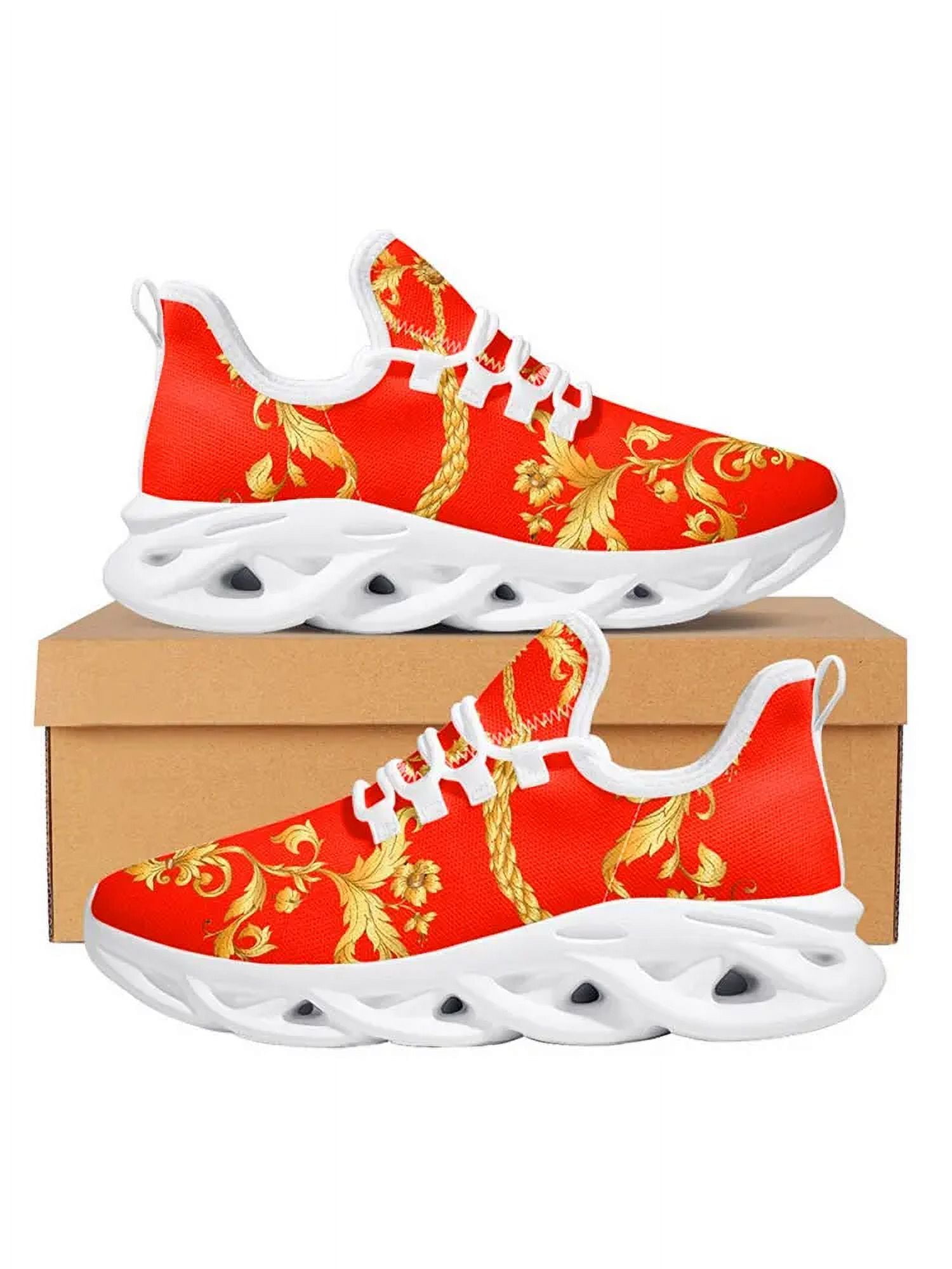 3D Women Luxury Shoes Sneakers Golden Floral Design Lace Up Couple ...