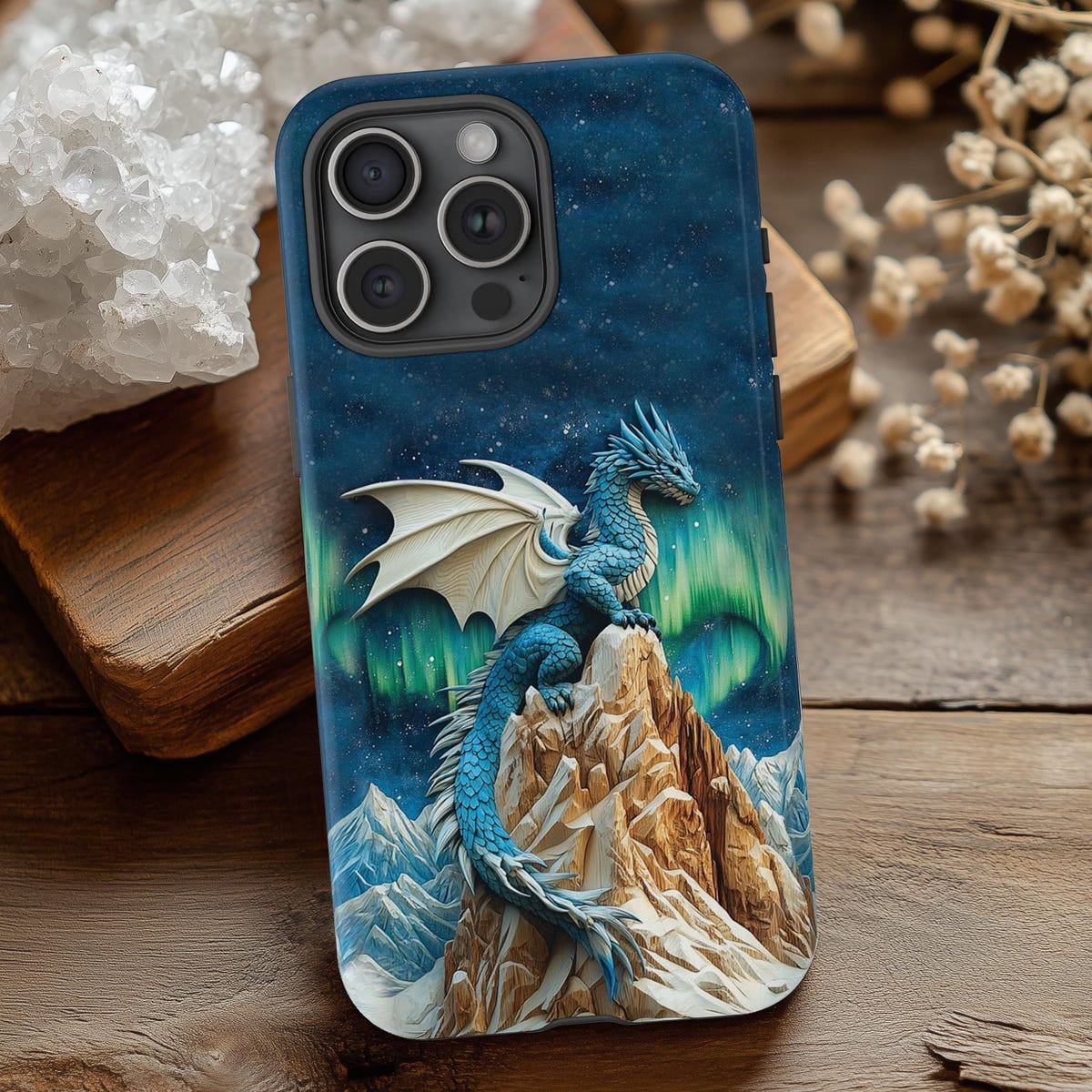 3D Wood Carved Blue Ice Dragon Aurora Case for 17 16 15 14 13 12 11 Pro ...