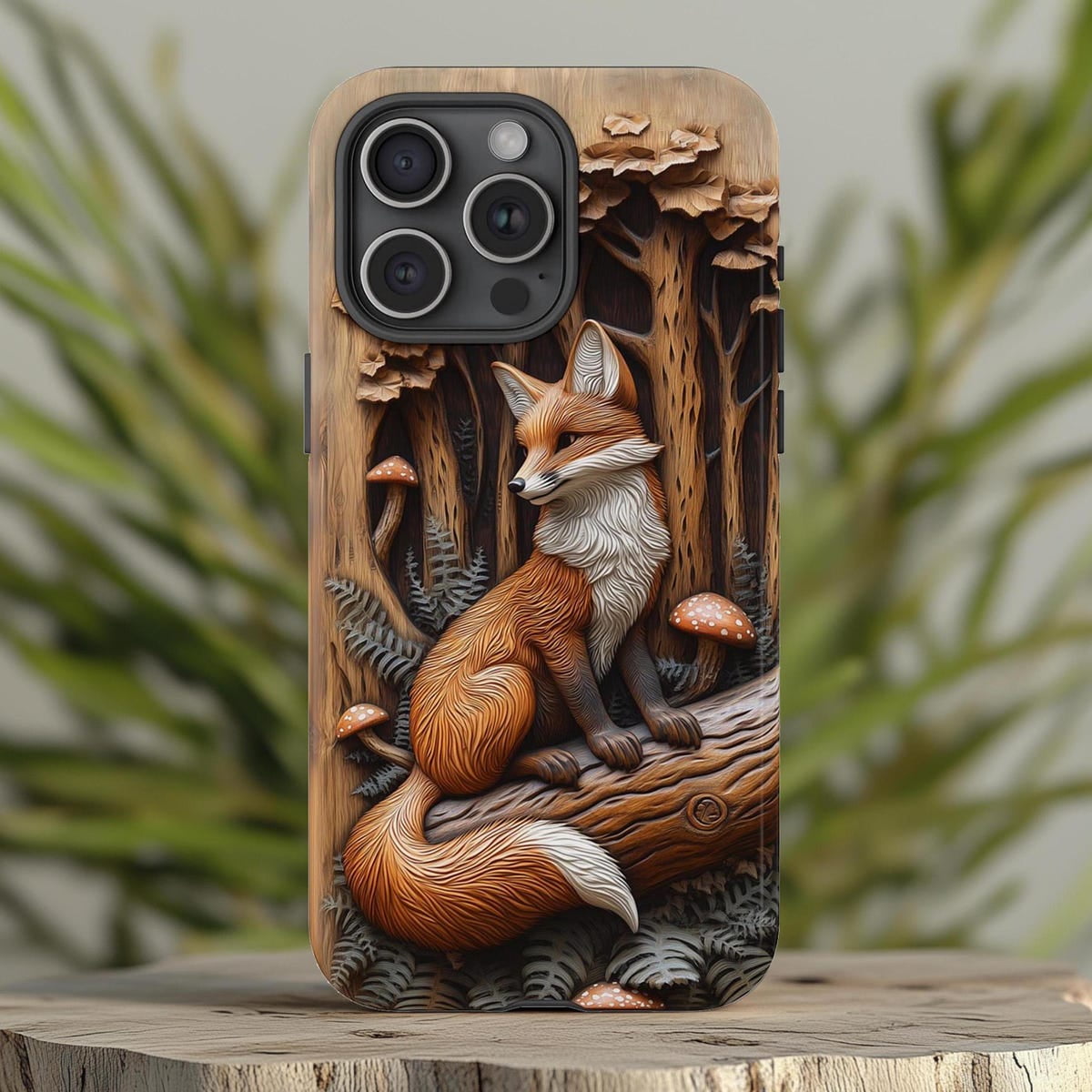 3D Wood Carved Fox Mushroom Woodland Fern Case with iPhone 17 to 11 Pro ...