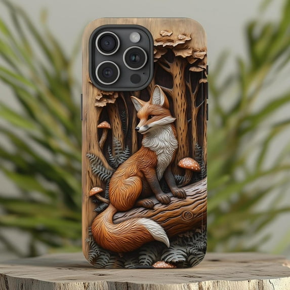 3D Wood Carved Fox Mushroom Woodland Fern Case with iPhone 17 to 11 Pro ...