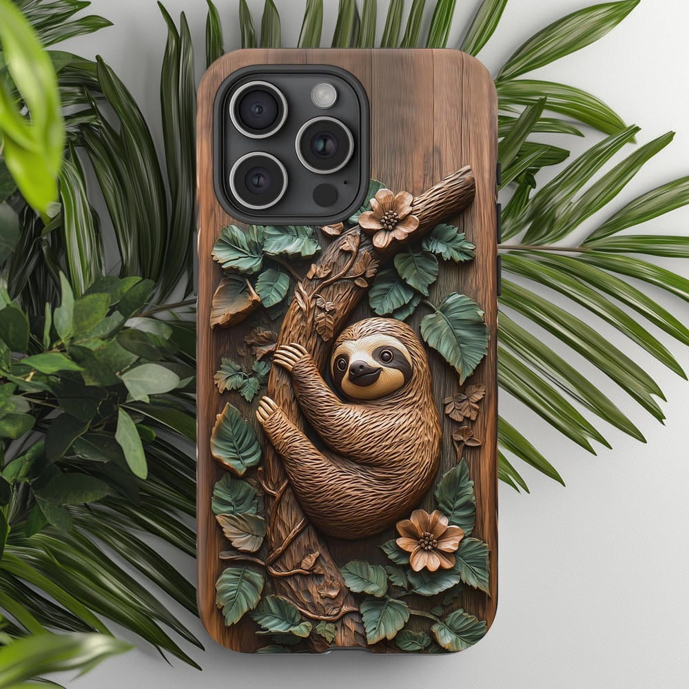 3D Wood Carved Sloth Adorable Jungle Animal Phone Case with iPhone 17 ...