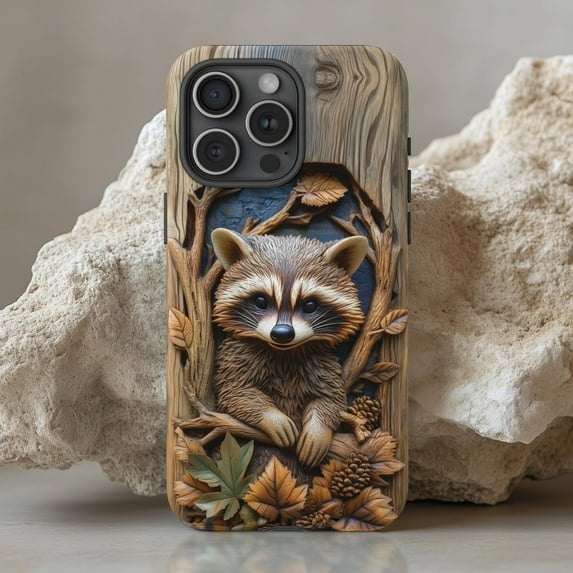3D Wood Carved Woodland Raccoon Wildlife Case with iPhone 17 to 11 Pro ...