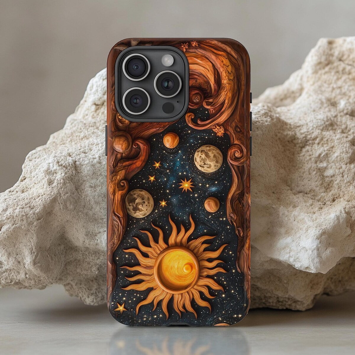 3D Wood Effect Celestial Sun Moon Cosmic Case for 17 16 15 14 13 12 11 ...