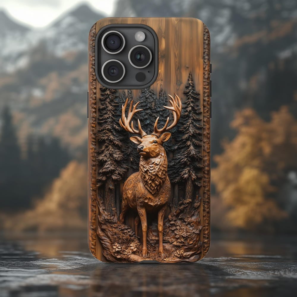3D Wood Effect Deer Wildlife Large Stag Phone Case with iPhone 17 to 11 ...