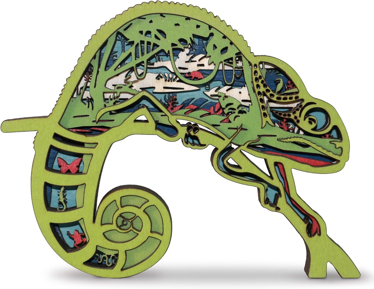 3D Wooden Animals Carving, Chameleon Decor Multi-Layered Wood Carved ...