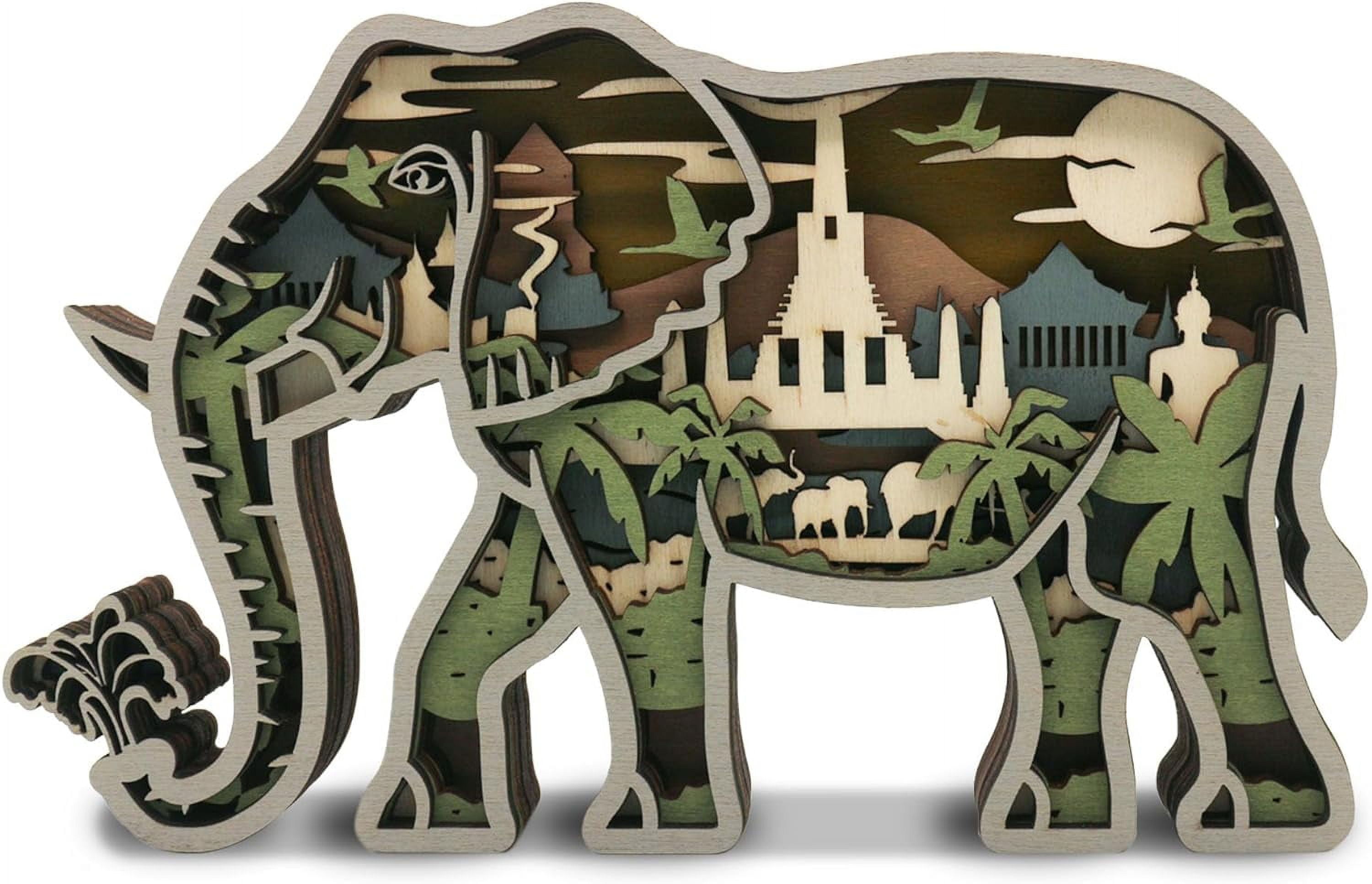 3D Wooden Animals Carving, Elephant Decor Multi-Layered Wood Carved ...