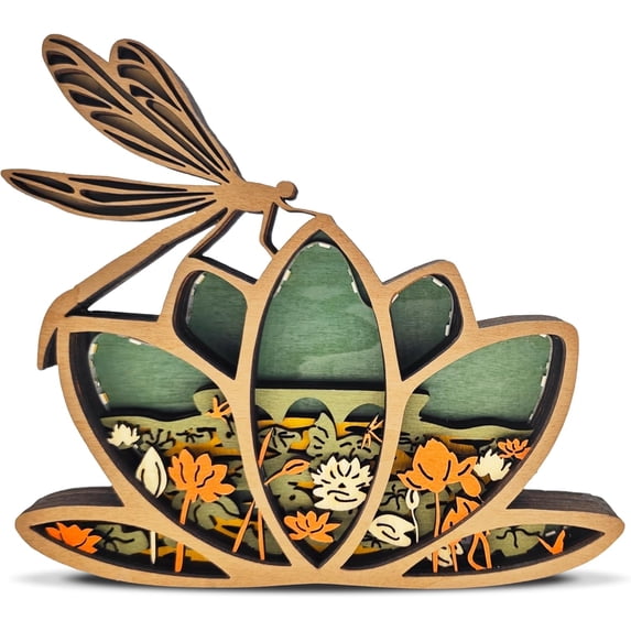 3D Wooden Animals Carving LED Night Light, Dragonfly Lotus Decor, Wood ...