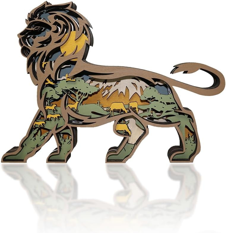 3D Wooden Animals Carving LED Night Light, Lion Decor, Wood Carved Lamp ...