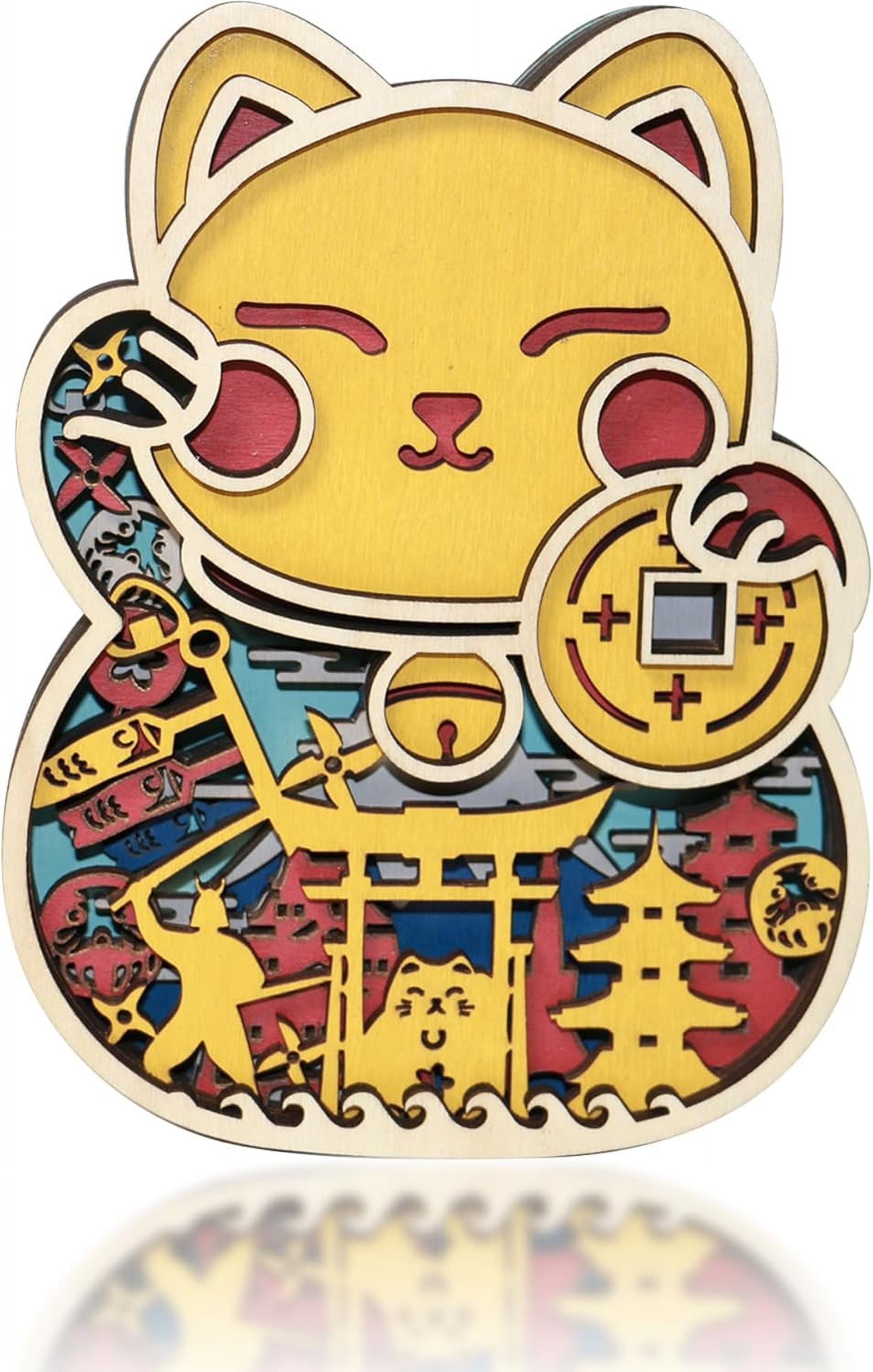 3D Wooden Animals Carving, Lucky Cat Decor Multi-Layered Wood Carved ...