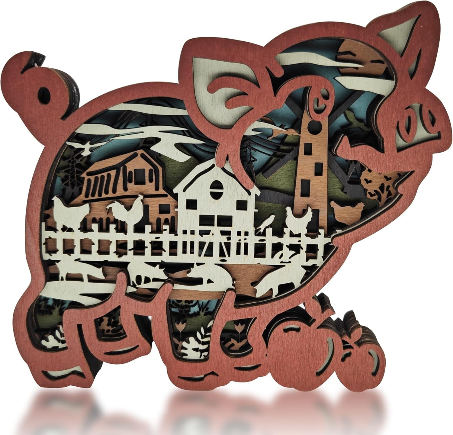 3D Wooden Animals Carving, Pig Decor, Multi-Layered Wood Carved Animal ...