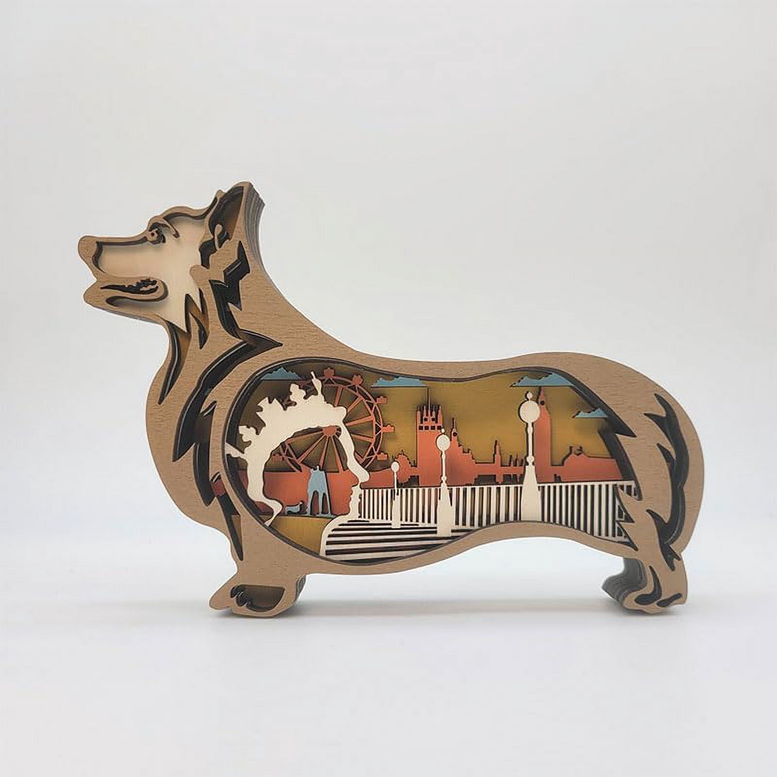 3D Wooden Animals Carving, Welsh Corgi Decor Multi-Layered Wood Carved ...