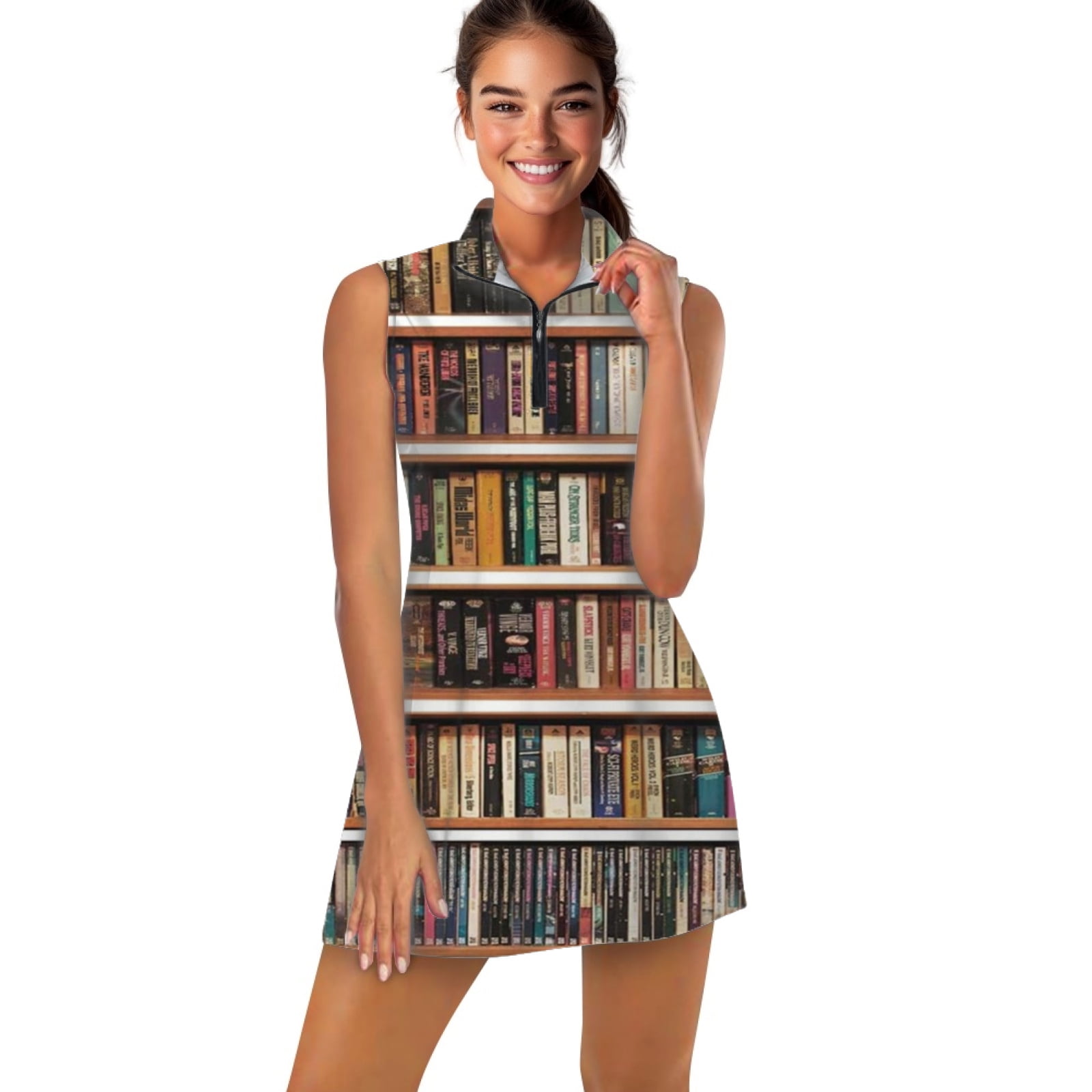 3D Wooden Bookshelf Print Sports Dresses Women Tennis Dress with Separate Shorts One-Piece Slim ...