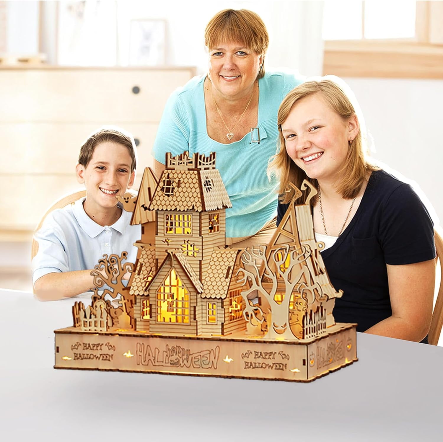 3D Wooden Halloween Haunted House Puzzles, Wood Creative Glow in The ...