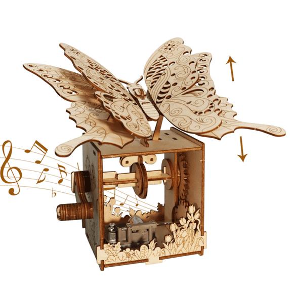 3D Wooden Music Box Puzzle Carousel Kit, Butterfly Design Hand-Crank ...
