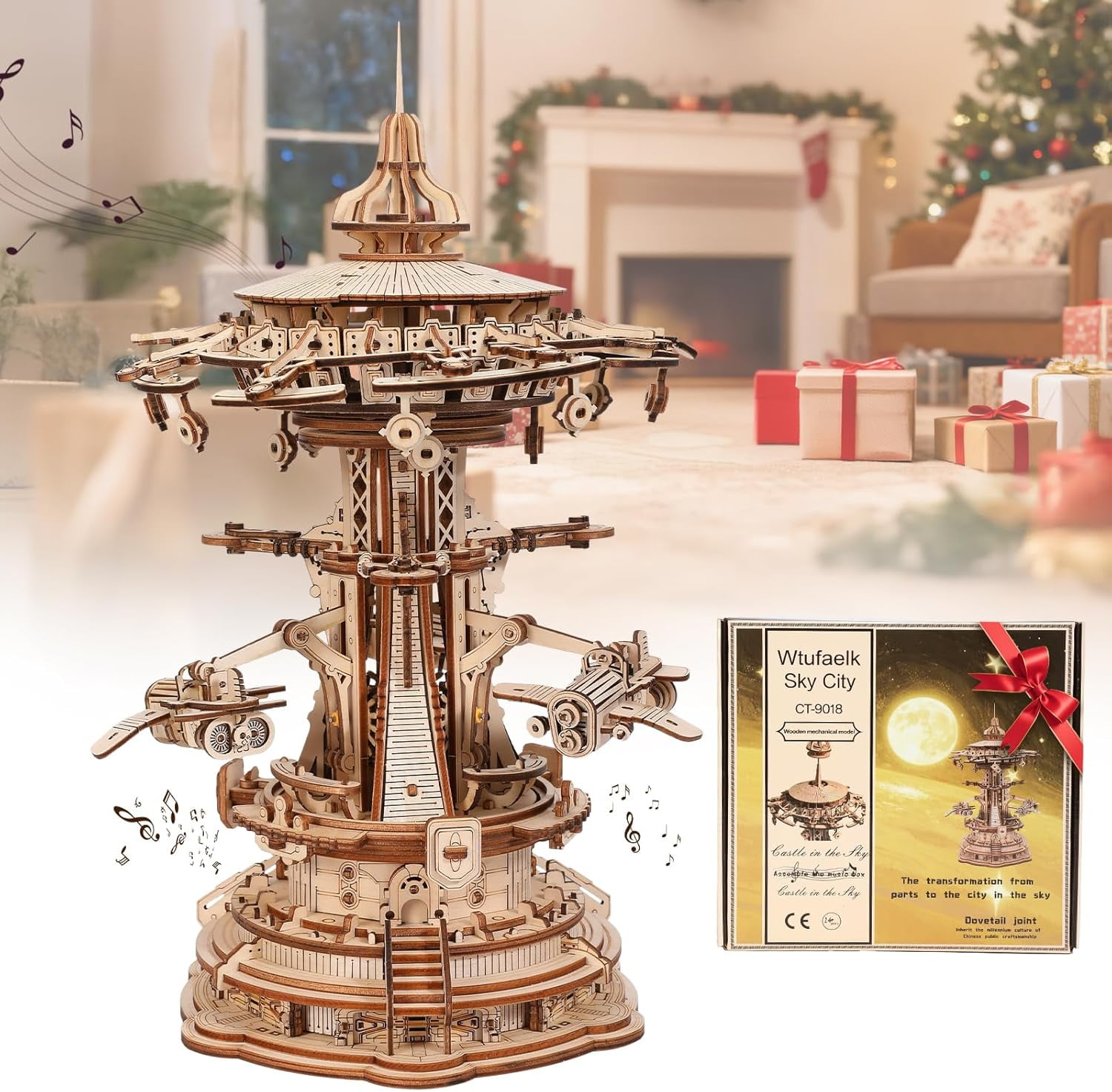 3D Wooden Puzzles for Adults Mechanical Music Box - Sky City Rotating ...