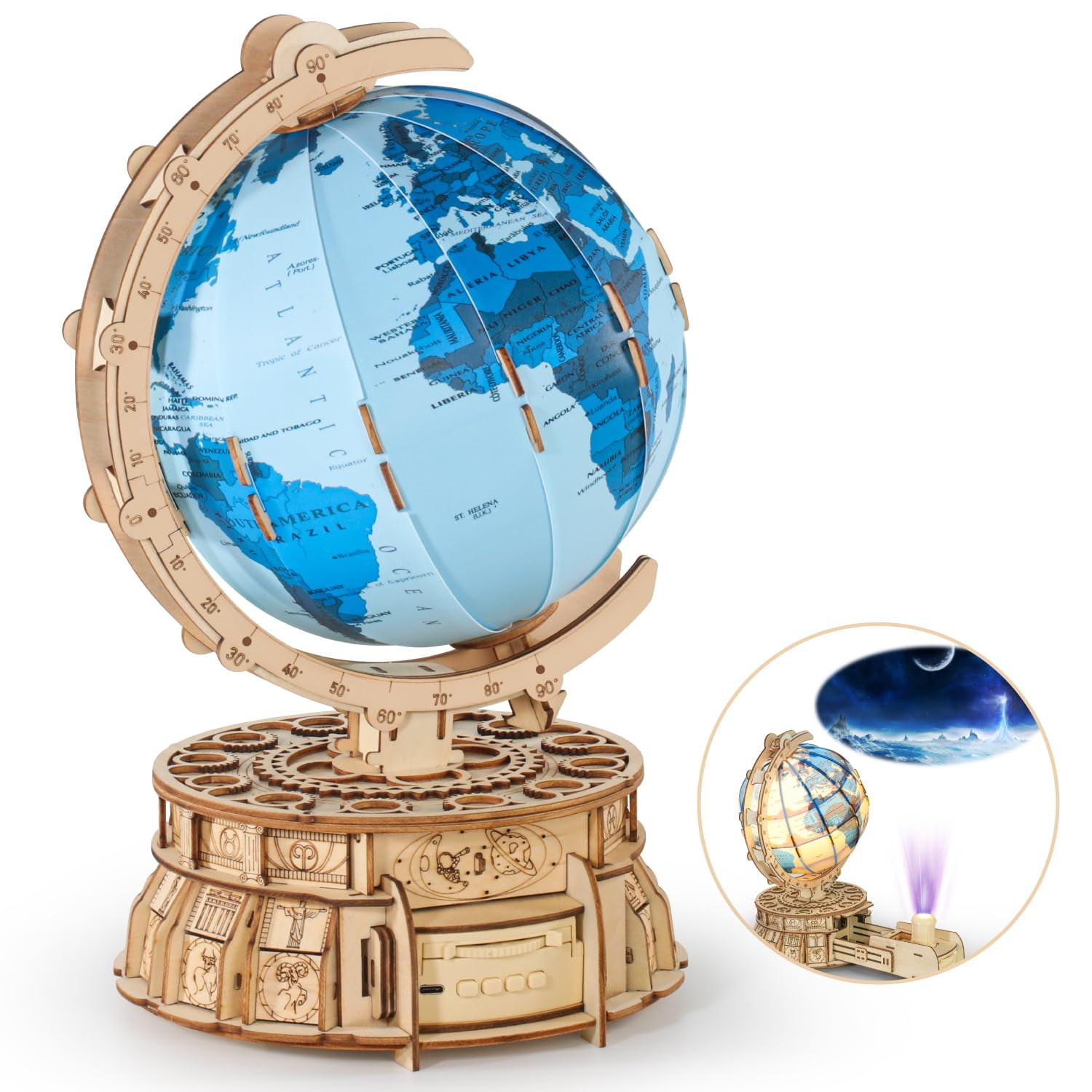3D Wooden Puzzles for Adults USB Charging Illuminated Globe Music Box ...