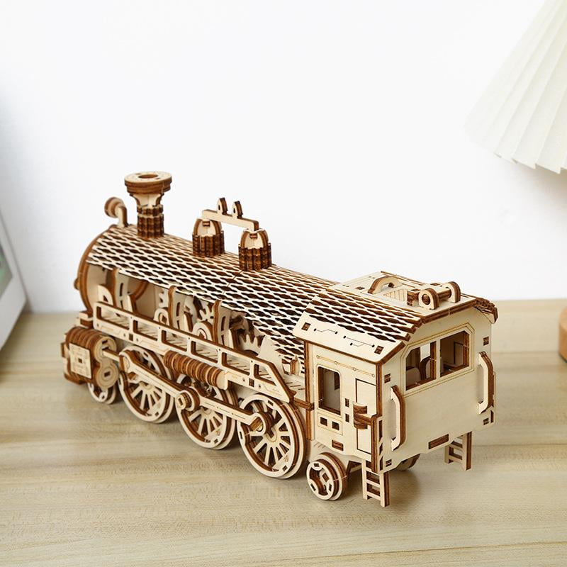 3D Wooden Puzzles For Adult DIY Model Block Kits Movable Steam Train ...