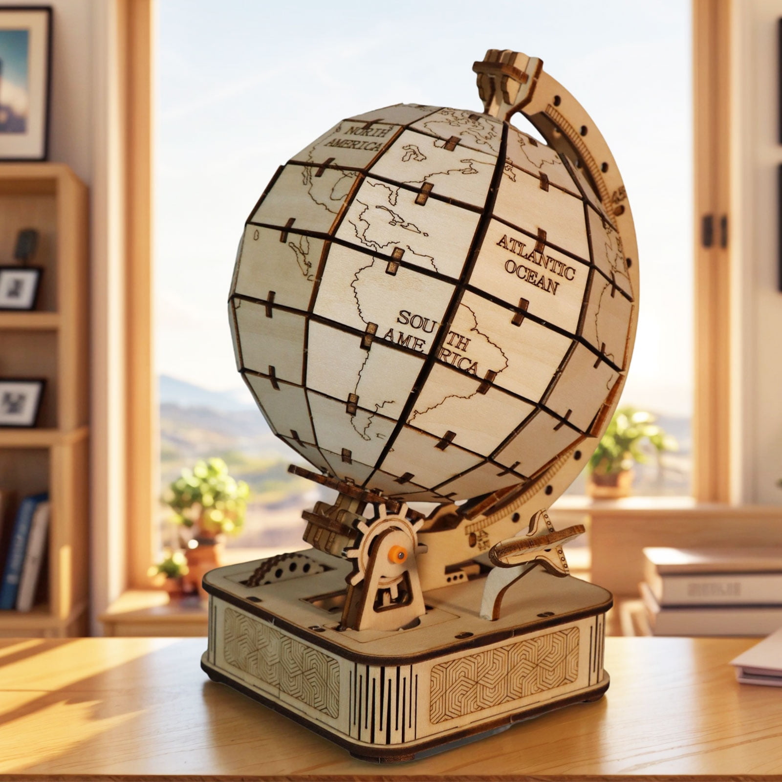 3D Wooden Puzzles - Gear-Driven Rotating Globe Model Kit, 360° Earth ...
