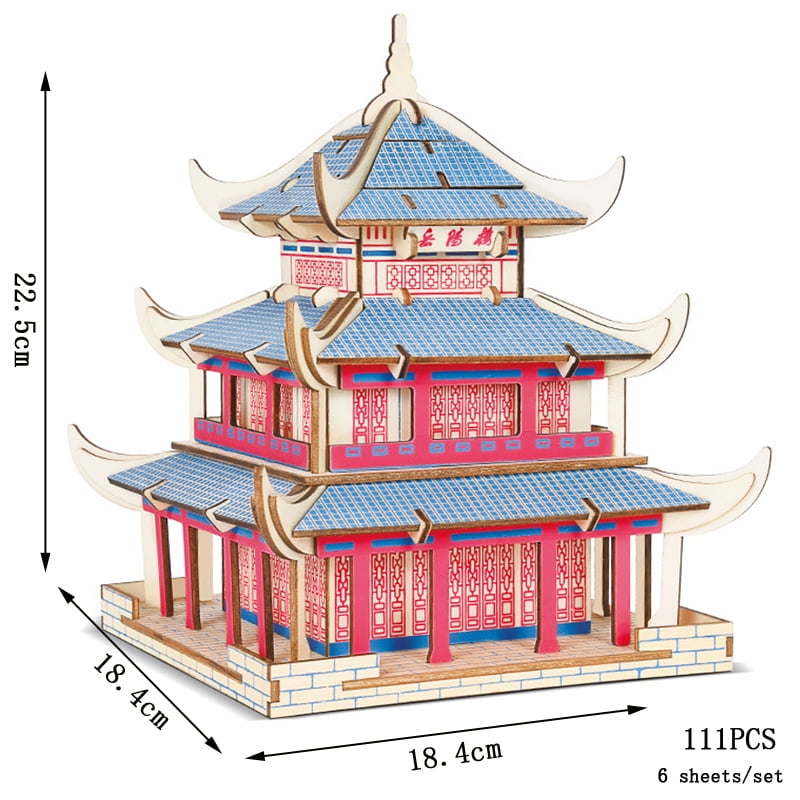 3D Wooden Tower Puzzles Chinese Architecture Pagoda Temple Pavilion DIY Building Model Wood ...
