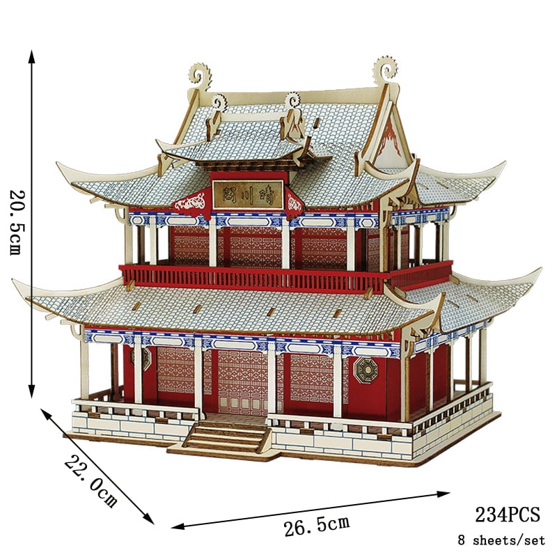 3D Wooden Tower Puzzles Chinese Architecture Pagoda Temple Pavilion DIY ...