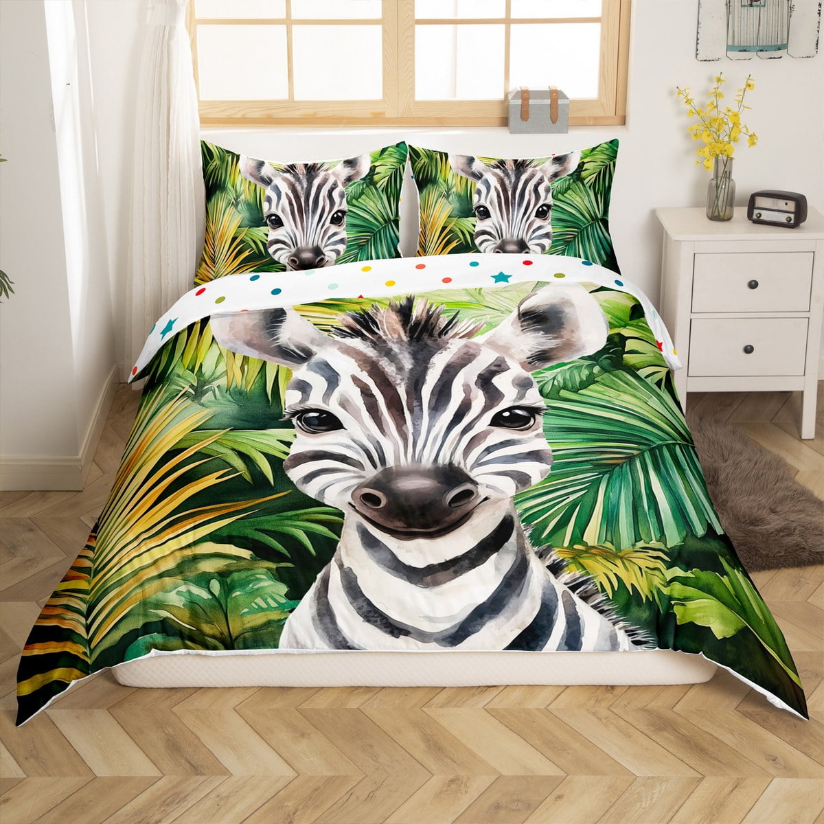 3D Zebra Bedding Set Tropical Palm Leaves Comforter Cover Watercolor ...