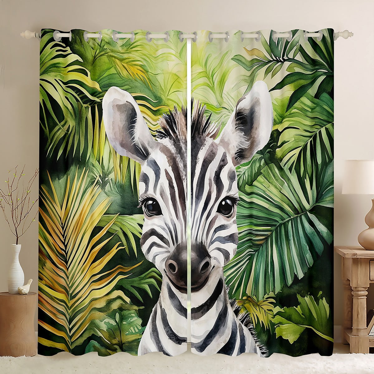 3D Zebra Curtains for Kids Boys Girls Bedroom Tropical Palm Leaves ...
