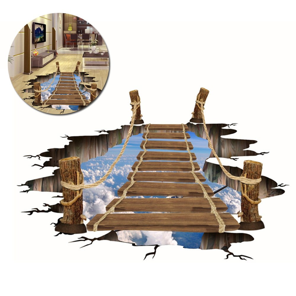 3D and White Cloud Wood Bridge Floor Sticker Wall Decal Non-slip Home ...