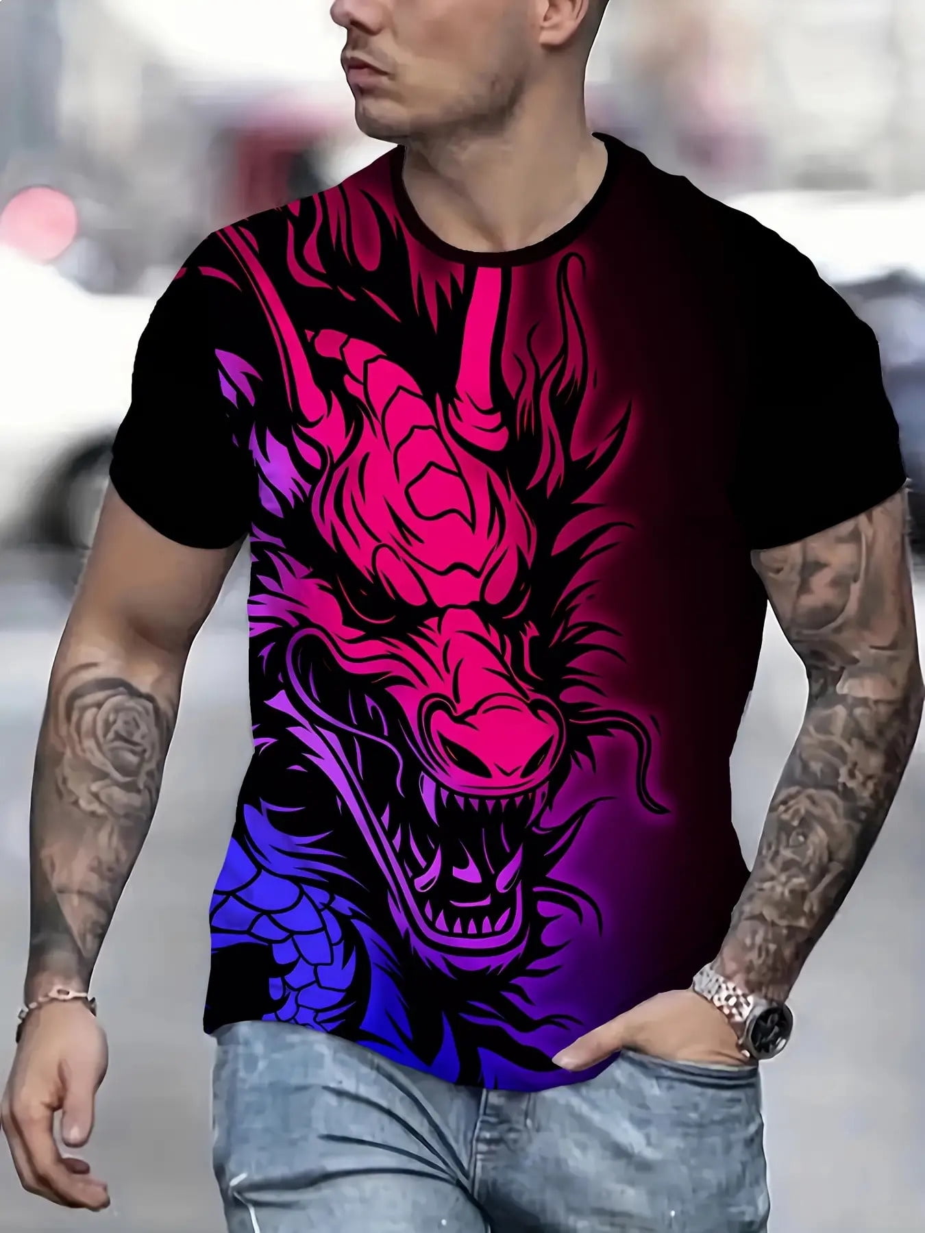 3D digital men's T-shirt with dragon pattern design and bright round ...