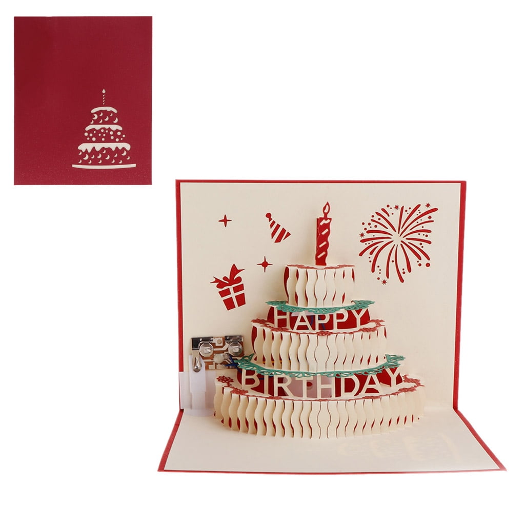 3D for Pop Up Greeting Card Happy Birthday Cake Music LED Postcard With ...