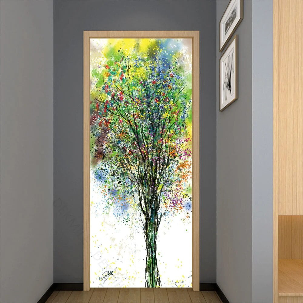 3D hand-painted watercolor door stickers vinyl color Forest Town door ...