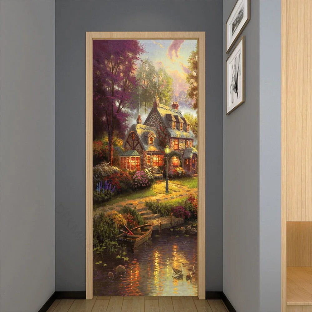 3D hand-painted watercolor door stickers vinyl color Forest Town door ...