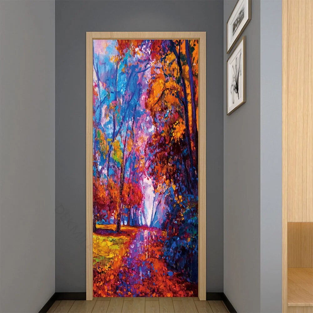 3D hand-painted watercolor door stickers vinyl color Forest Town door ...