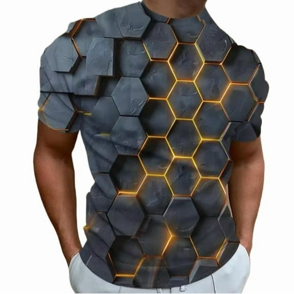 3D hexagonal geometric pattern short sleeved men's T-shirt trendy and personalized short sleeved ...