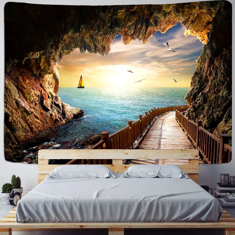 3D landscape forest birch forest trees large tapestry hippie wall ...