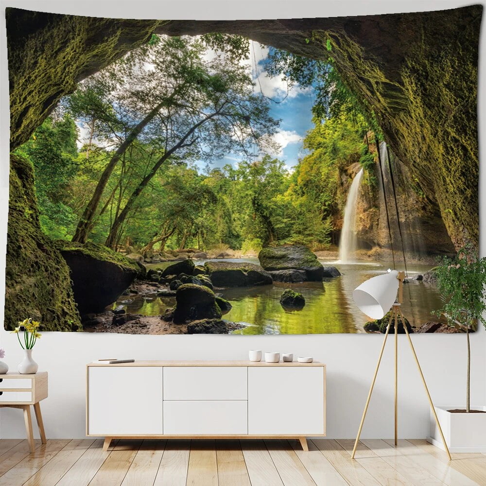 3D landscape forest birch forest trees large tapestry hippie wall ...