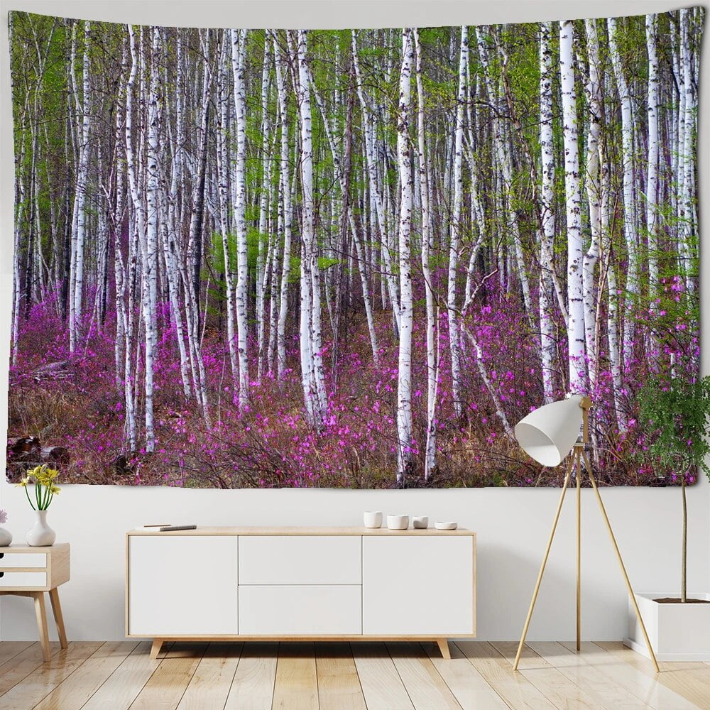 3D landscape forest birch forest trees large tapestry hippie wall ...
