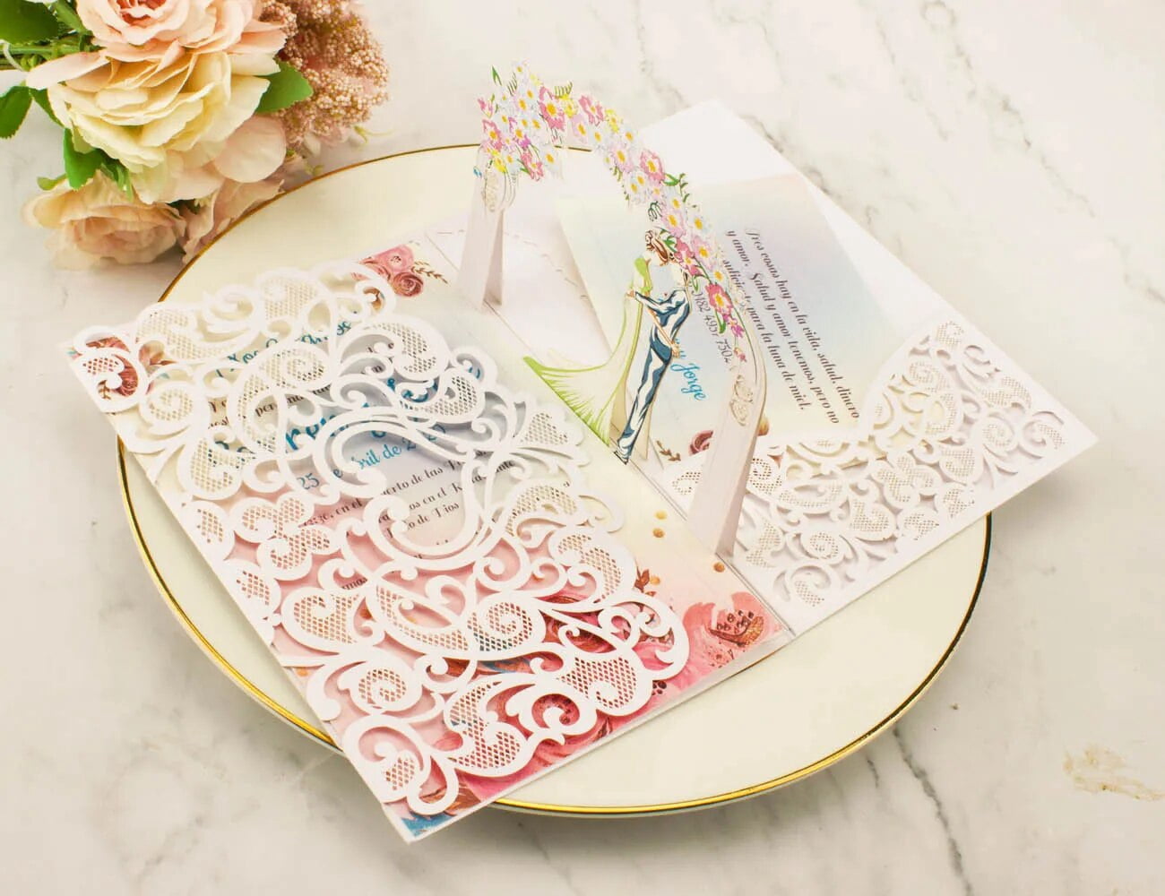 3D pop up card, 3 fold wedding invitation card, ivory, green, burgundy ...