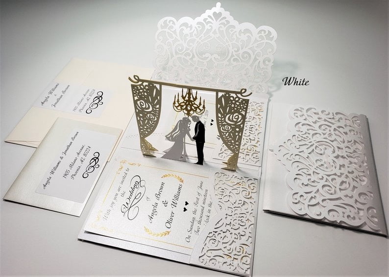3D pop up card, 3 fold wedding invitation card, ivory, green, burgundy ...