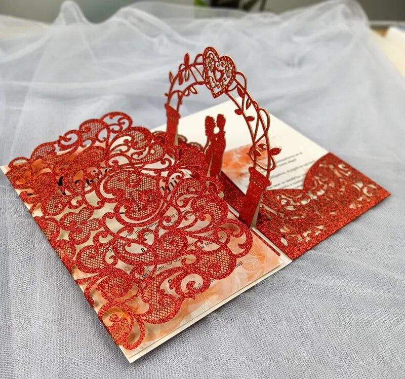 3D pop up card, 3 fold wedding invitation card, ivory, green, burgundy ...