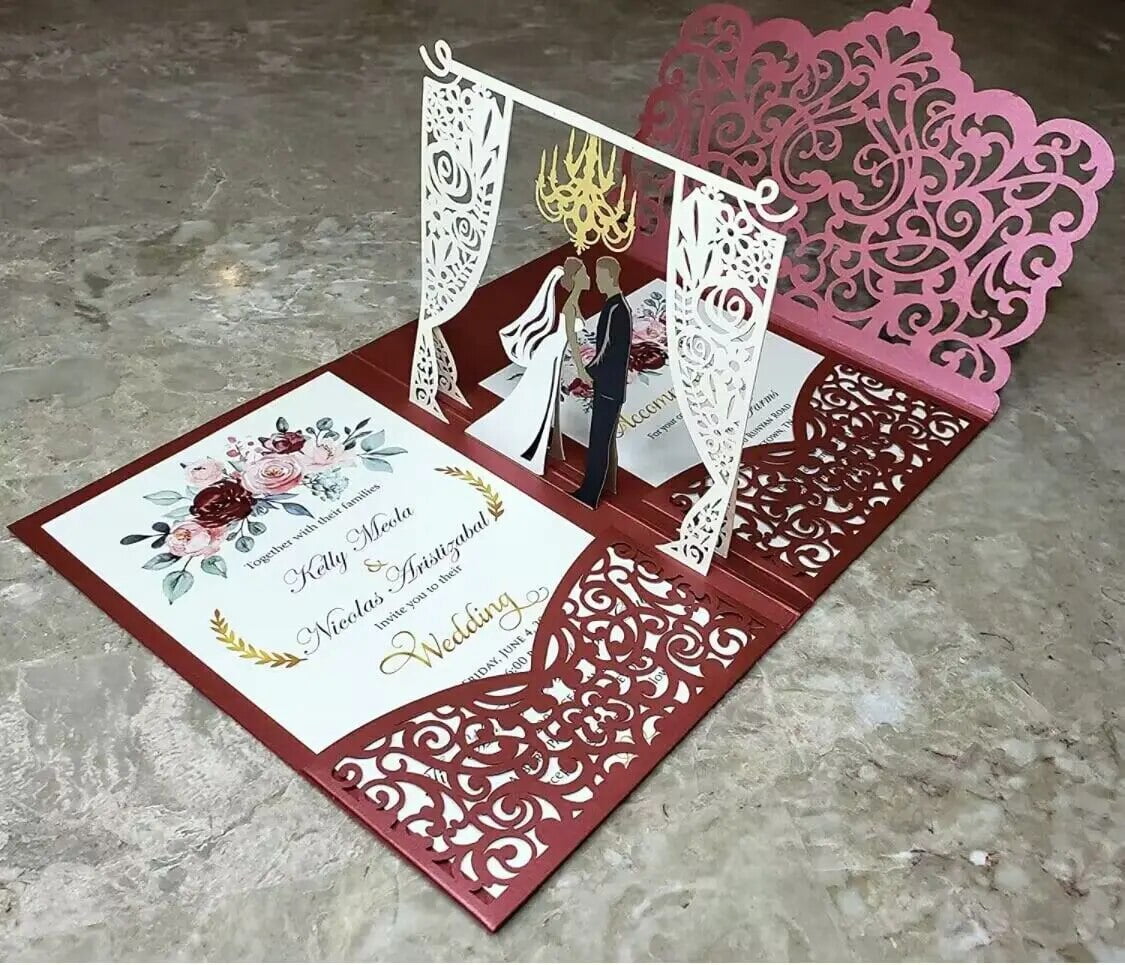 3D pop up card, 3 fold wedding invitation card, ivory, green, burgundy ...