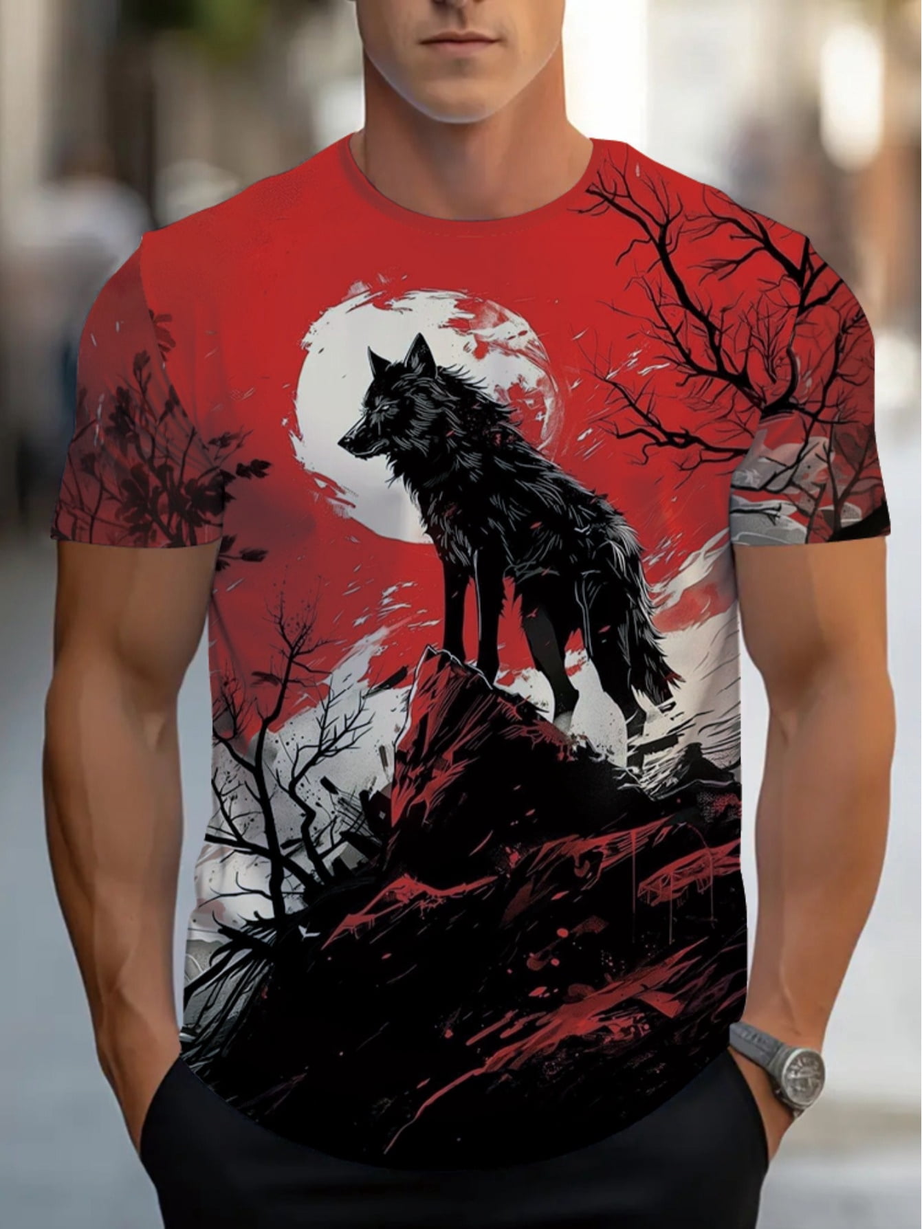 3D printed Wolf Moon design men's T-shirt | Red and black, short sleeve ...