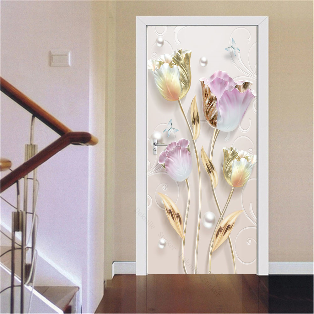 3D relief Light Luxury Door Stickers Bedroom Bathroom Carved white Door ...