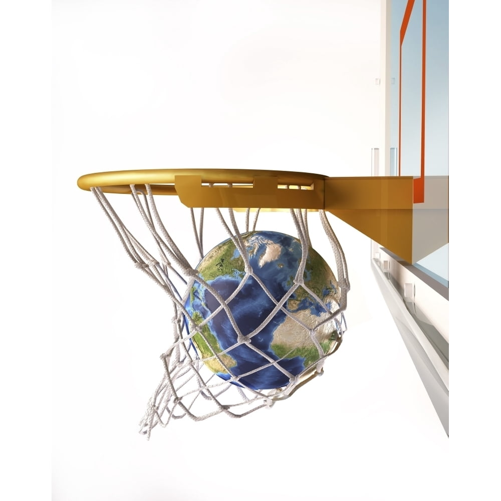 3D rendering of planet Earth falling into a basketball hoop Poster ...