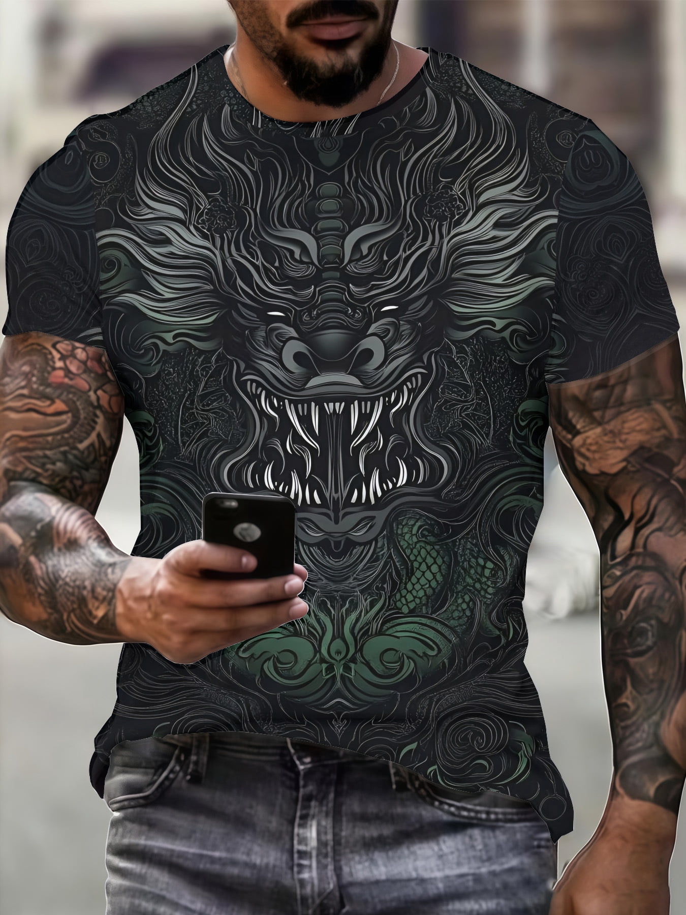 3D summer new black dragon pattern short-sleeved digital printing ...