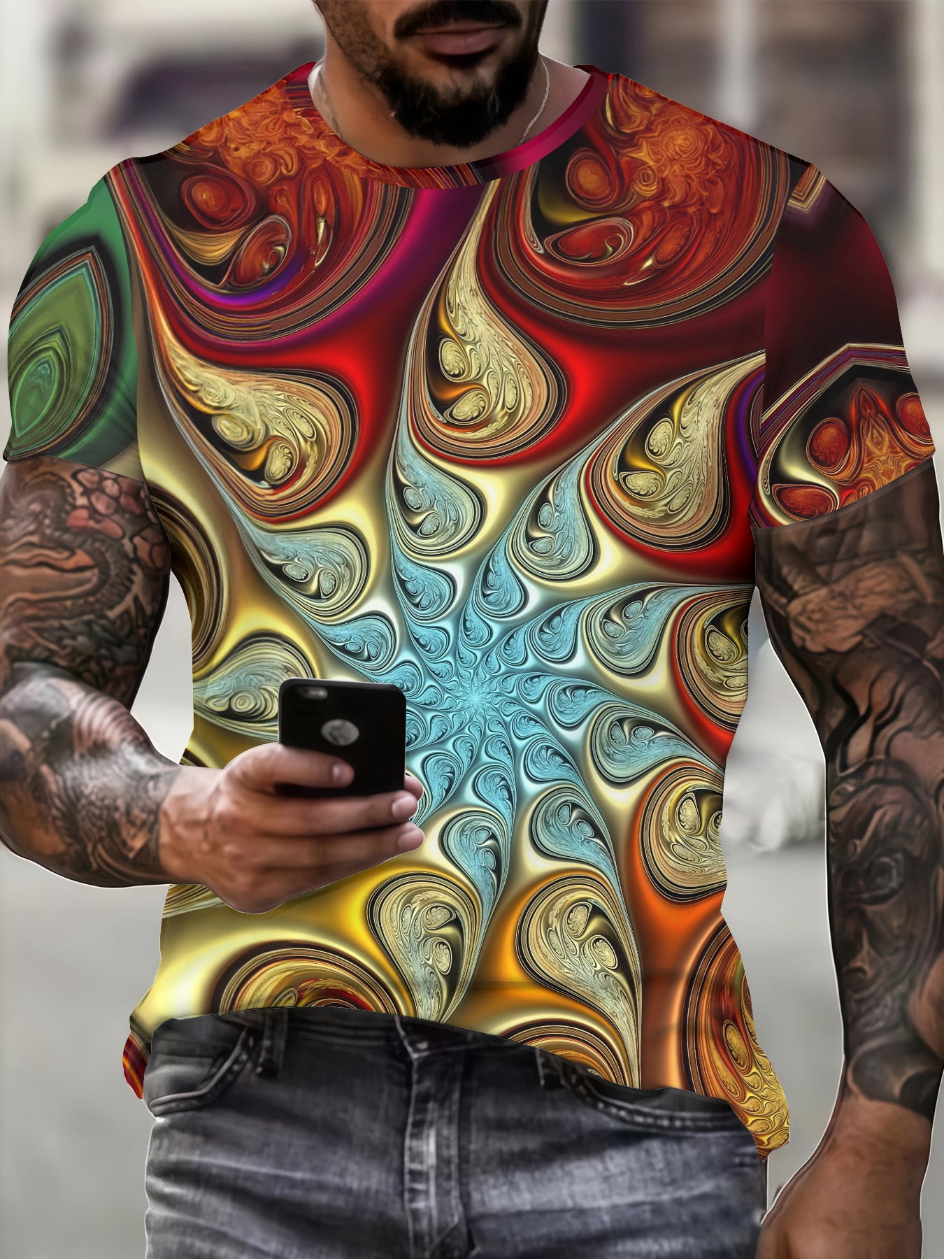 3D summer new blue and gold mandala art abstract pattern short sleeve ...