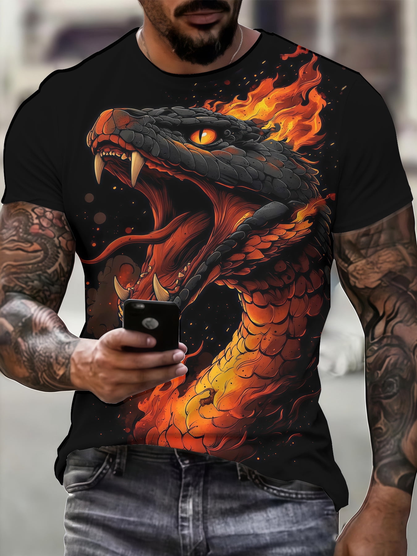 3D summer new flame red python abstract pattern short sleeve digital ...