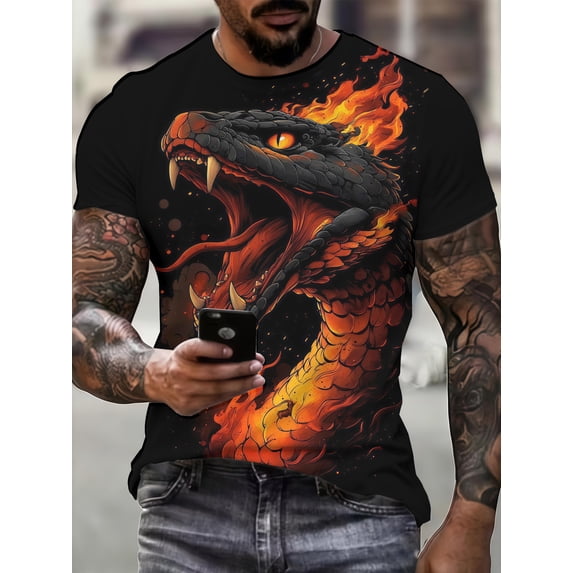 3D summer new flame red python abstract pattern short sleeve digital ...