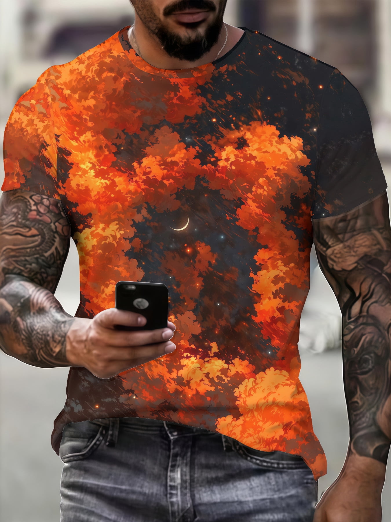 3D summer new red flame nebula crescent moon short-sleeved digital ...