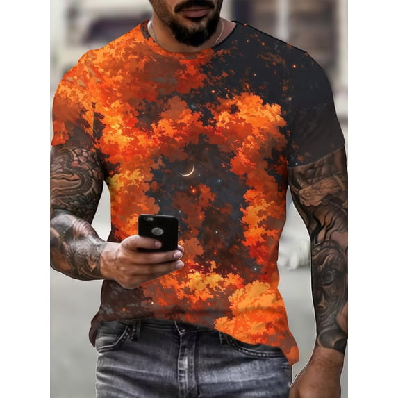 3D summer new red flame nebula crescent moon short-sleeved digital ...