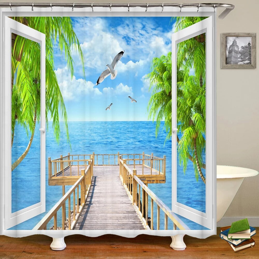 3D window opening scenery beach landscape printing shower curtain ...
